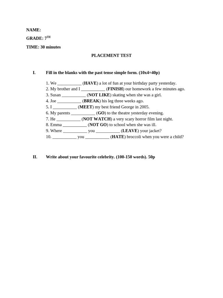 Test Initial Clasa A VII-A | PDF