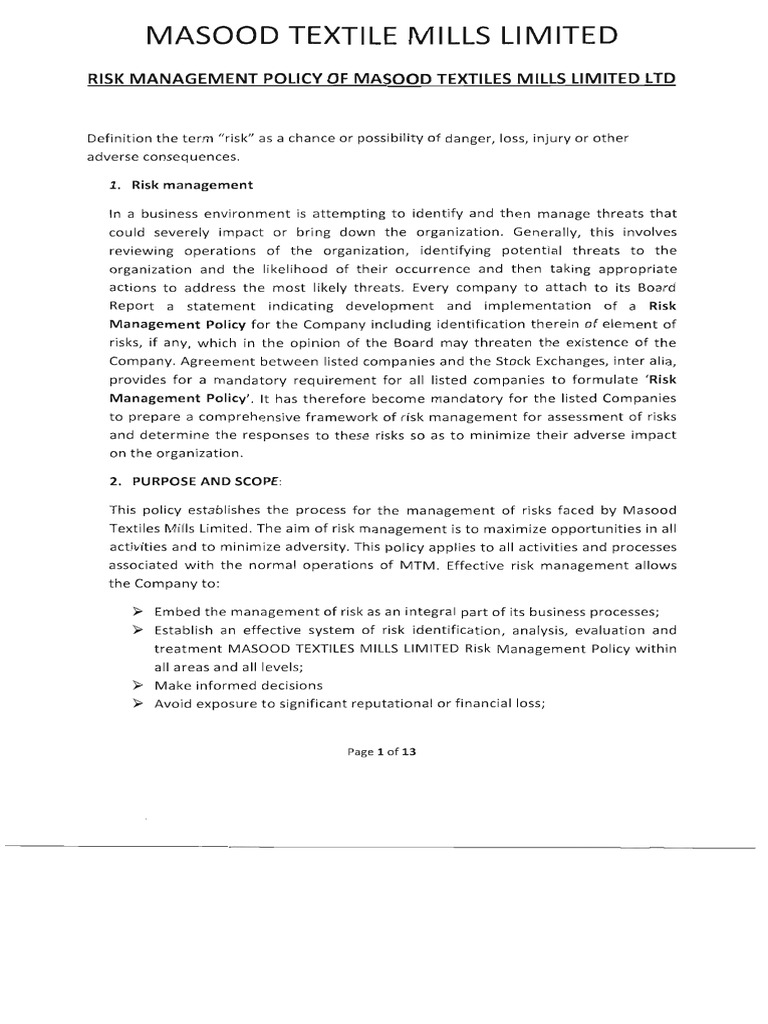Risk Management Policy | PDF
