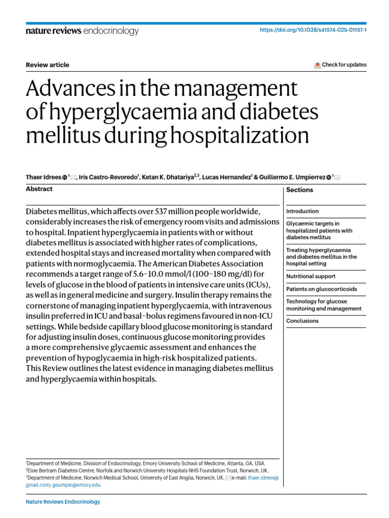 Hospital Diabetes Management Advances | PDF | Hyperglycemia | Diabetes ...