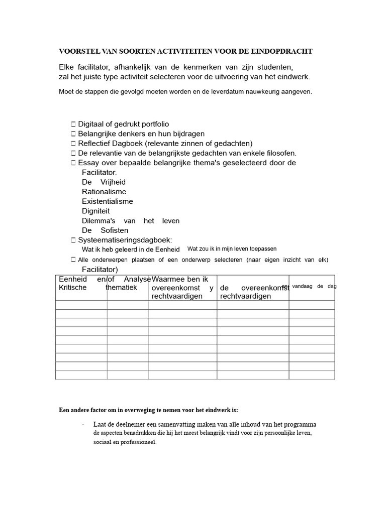 Voorstel Voor Soorten Activiteiten Voor Het Nieuwe Eindevaluatie Werk | PDF