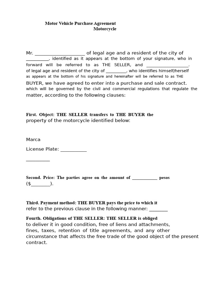 Motorcycle Purchase Agreement Template | PDF | Sales | Private Law