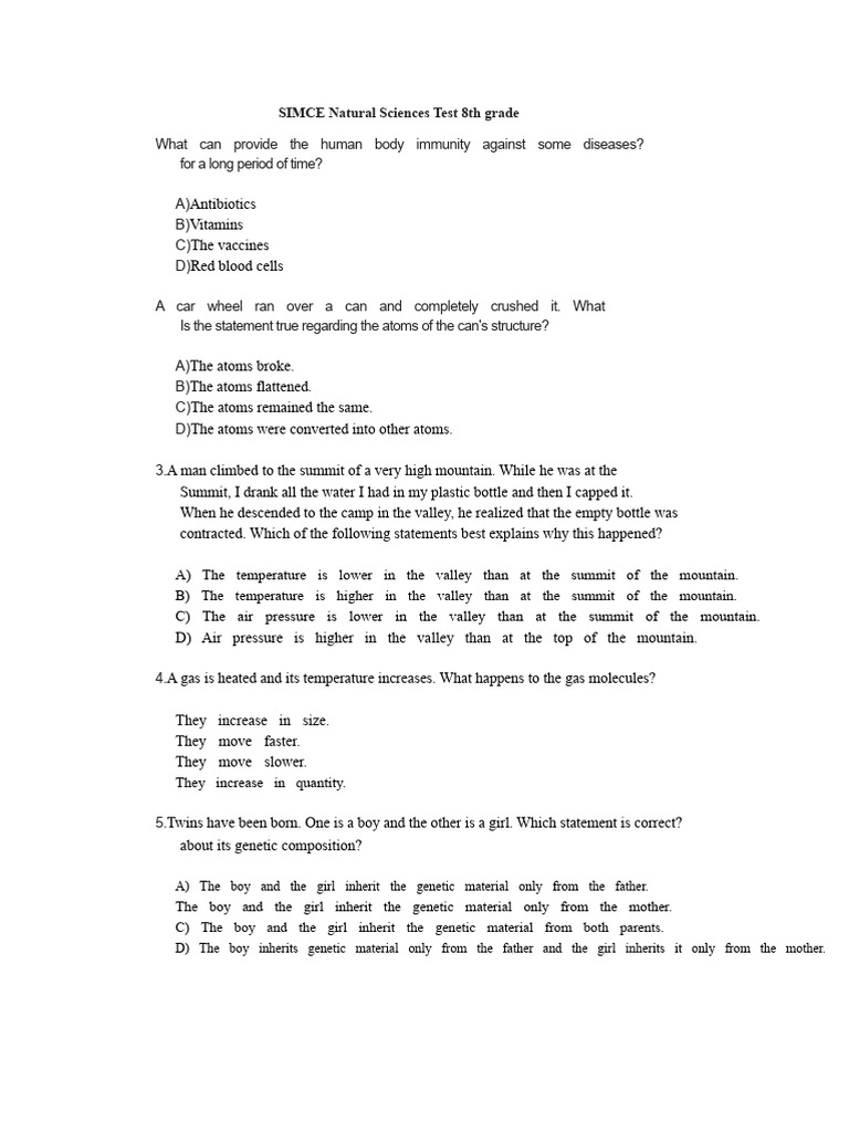 SIMCE Natural Sciences 8th Grade Test | PDF | Neutron | Proton