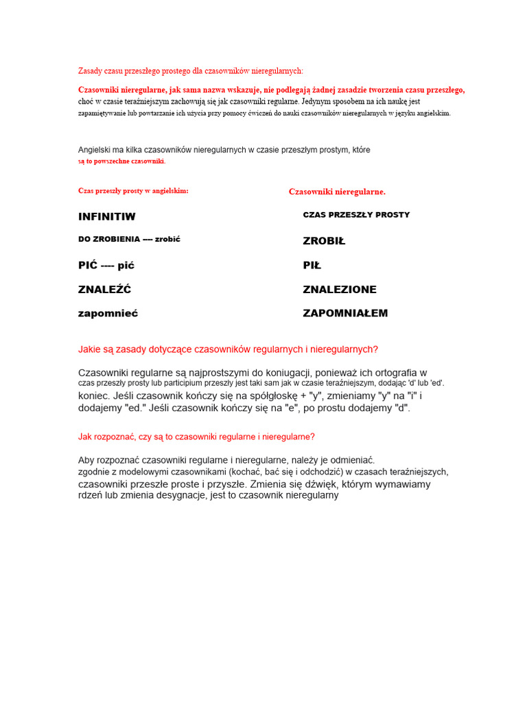 Zasady Czasu Przeszłego Prostego Dla Czasowników Nieregularnych | PDF