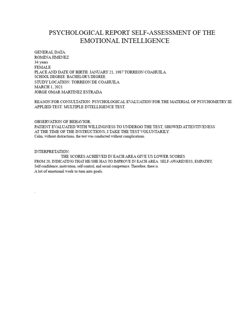 Emotional Intelligence Assessment Results | PDF