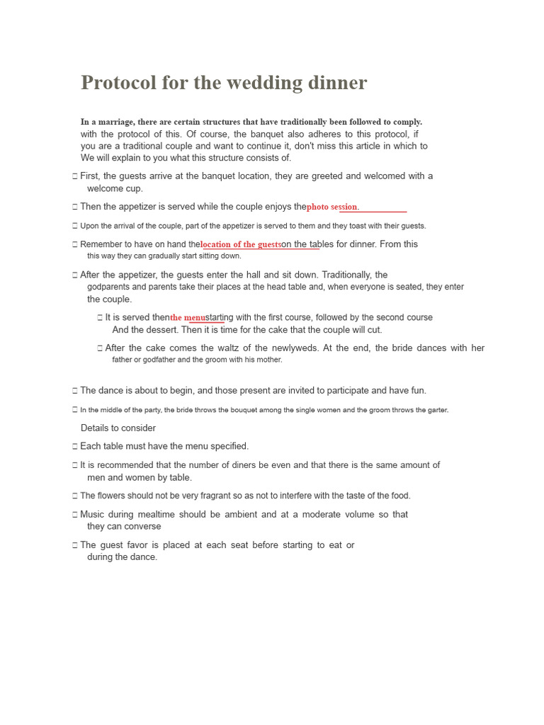 Protocol For The Wedding Dinner | PDF | Marriage | Wedding