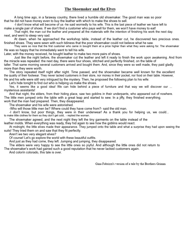 The Shoemaker and the Elves Story | PDF | Shoe