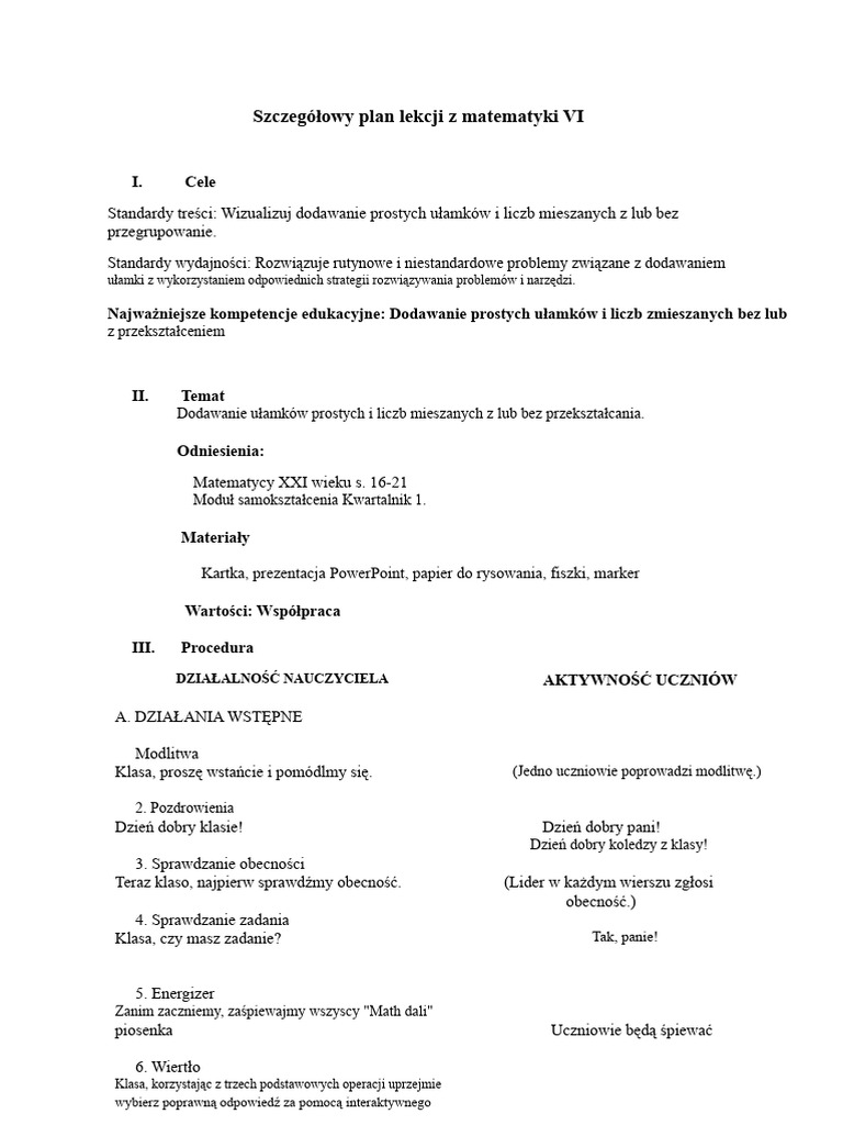 Szczegółowy Plan Lekcji Z Matematyki 6 KWARTAL 1 | PDF