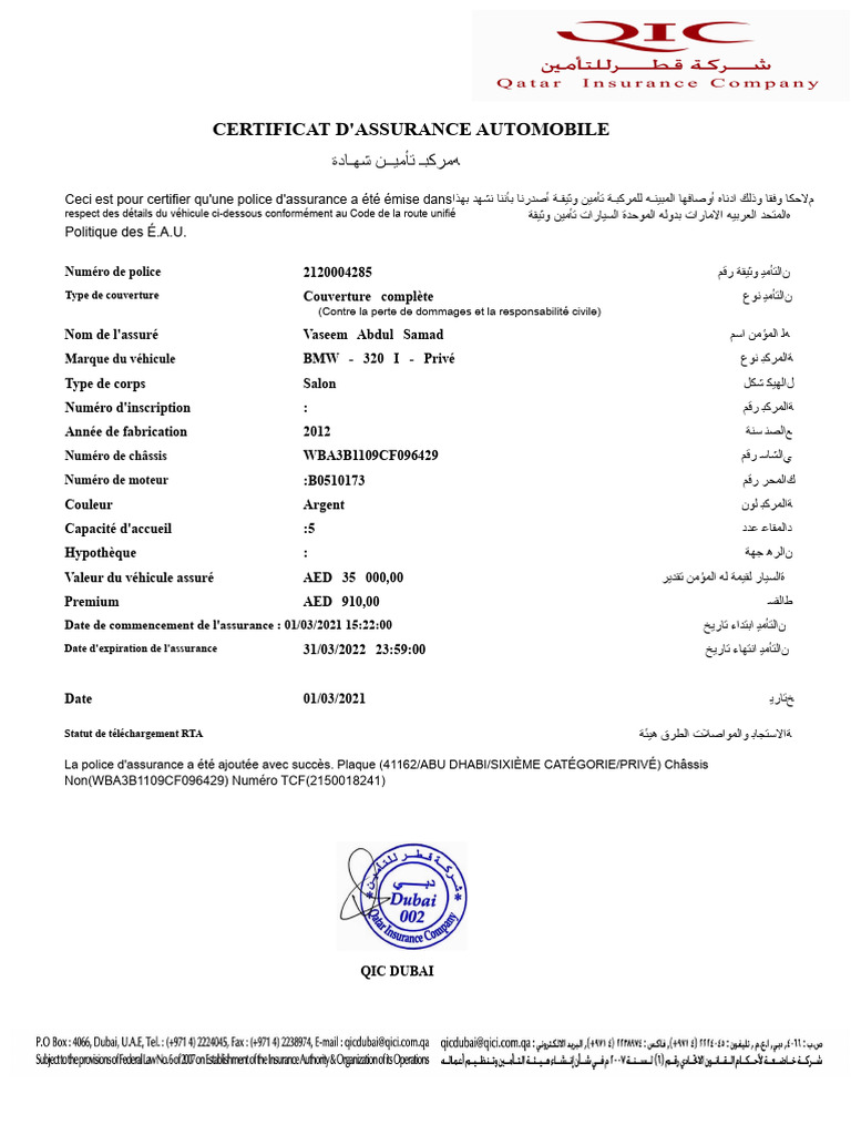 Certificat d'Assurance Automobile UAE | PDF | Assurance | Transport