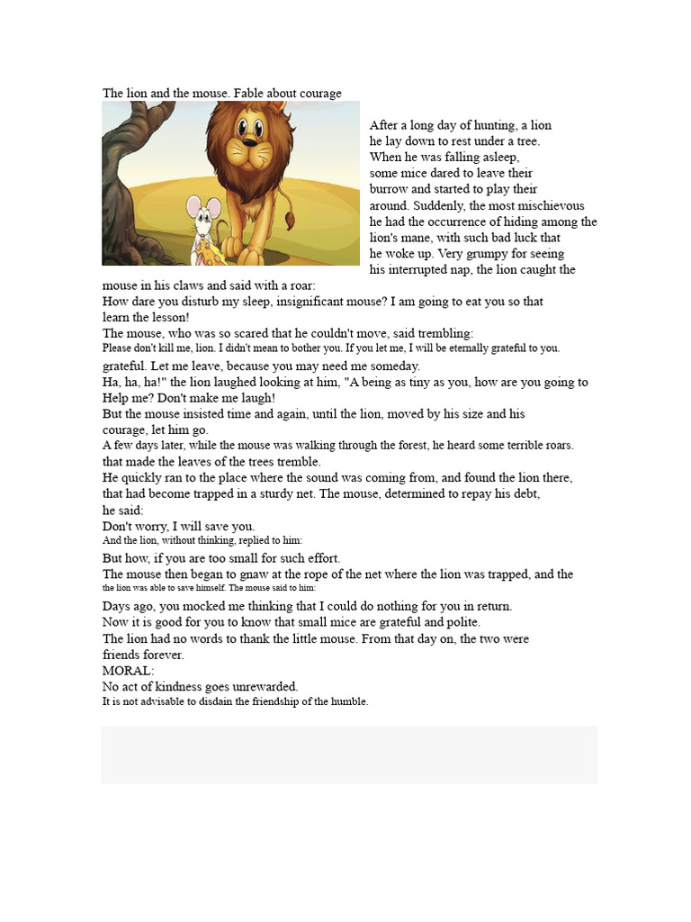The Lion and the Mouse: A Fable of Kindness | PDF | Mouse