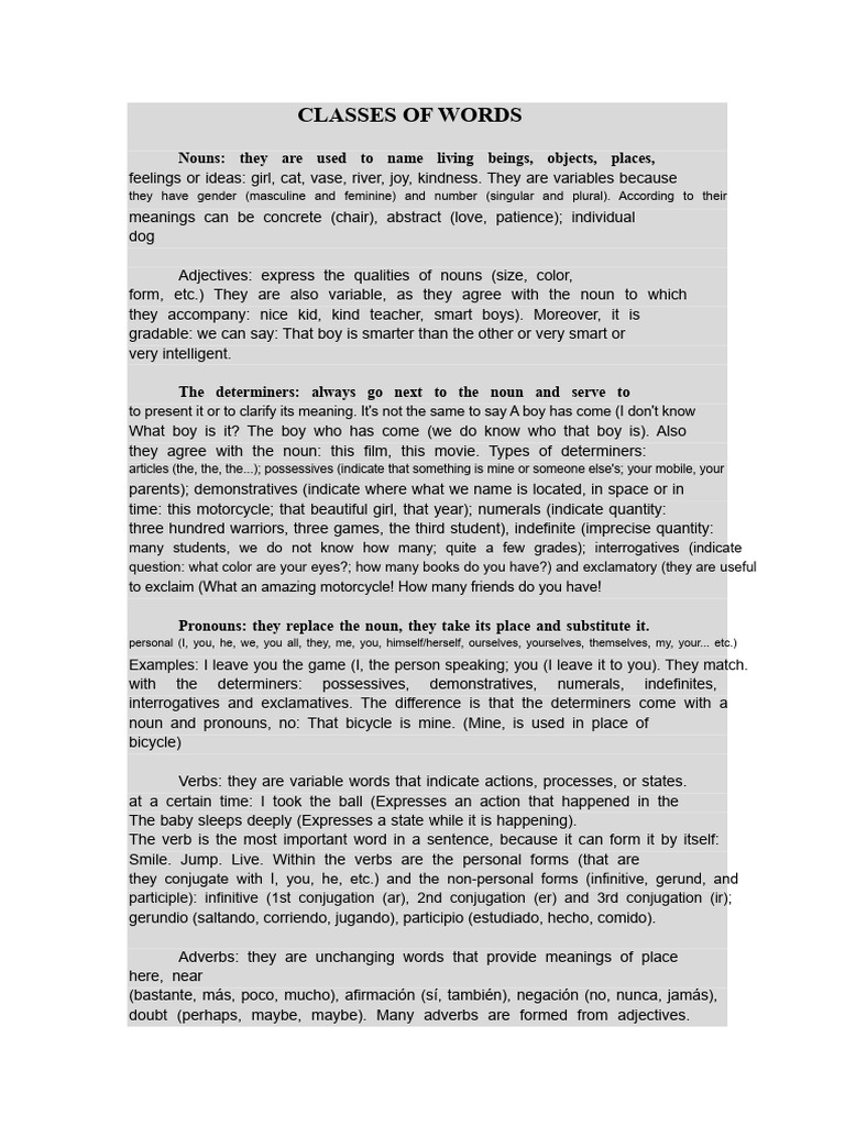 Word Classes - 1st Year of Secondary Education | PDF | Noun ...