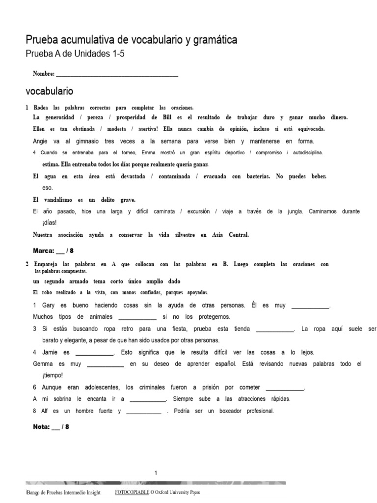 Prueba Acumulativa de Vocabulario + Gramática Unidades 1-5 Prueba A ...