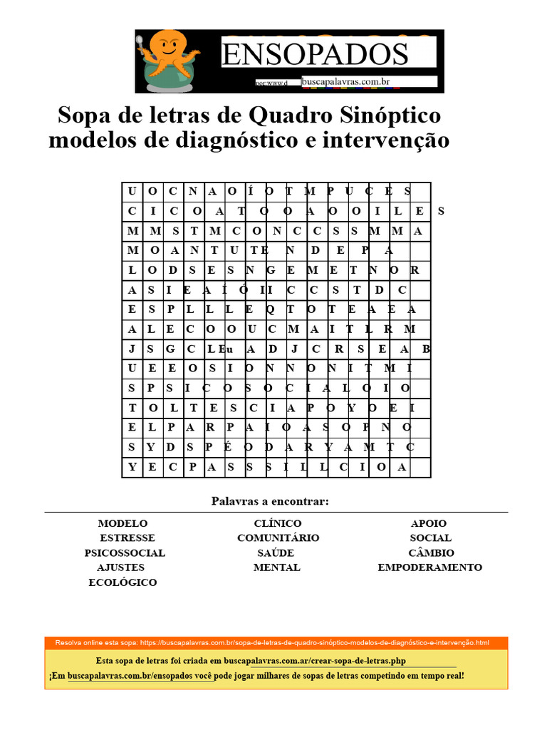 Sopa de Letras de Quadro Sinótico Modelos de Diagnóstico e Intervenção ...