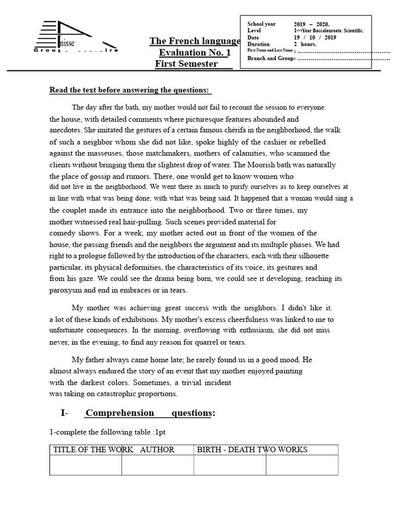 Assignment 1 Model 1 French 1st Year High School Semester 1 | PDF