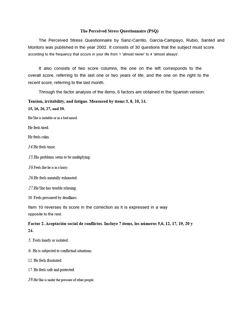 Perceived Stress Questionnaire Overview | PDF | Mental Health ...
