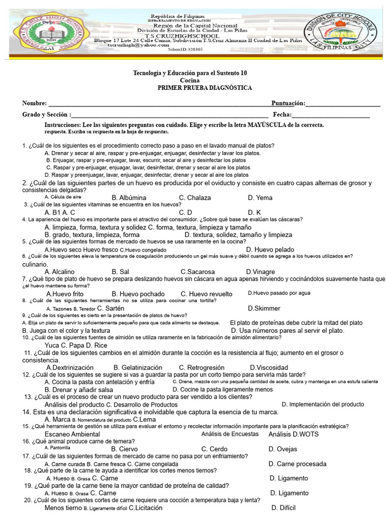 Prueba Diagnóstica de Cocina y Alimentos | PDF | Carne | Cocinando
