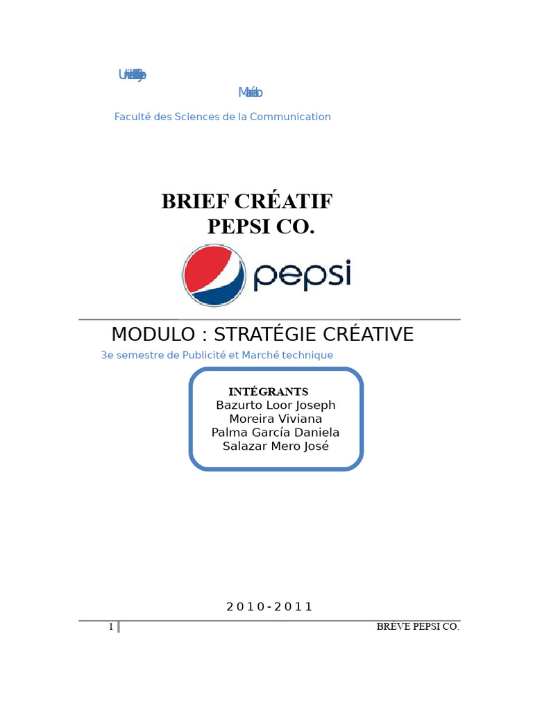 Brief créatif pour Pepsi Co. | PDF | Pepsi Co | Coca Cola