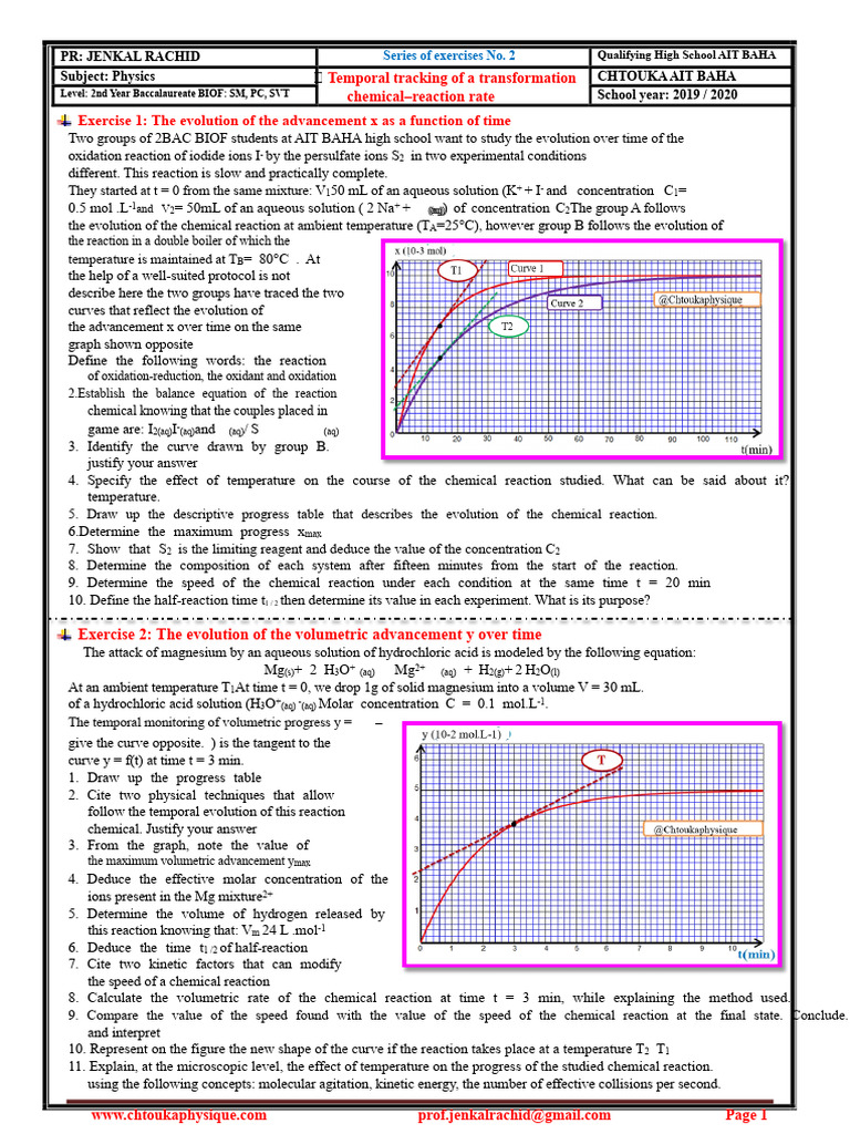 Series of Exercises 2, Temporal Monitoring of A Chemical Transformation - Reaction Rate, 2BAC ...