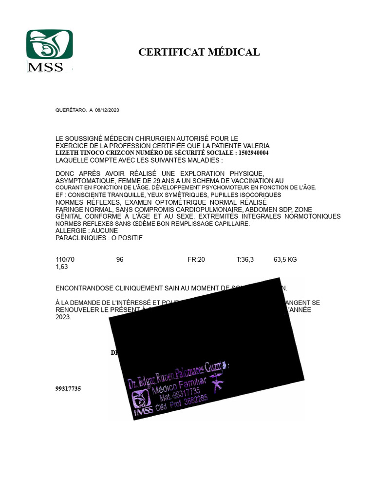 Certificat médical de Valeria Tinoco | PDF