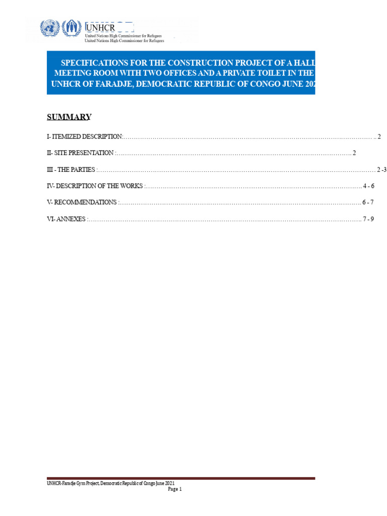 Annex A1 Project Specifications Meeting Room Unhcr Faradje June 2021 | PDF | Concrete | Wall