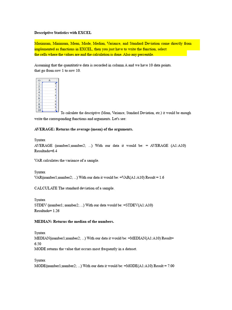 Descriptive Statistics With EXCEL | PDF | Quartile | Mode (Statistics)