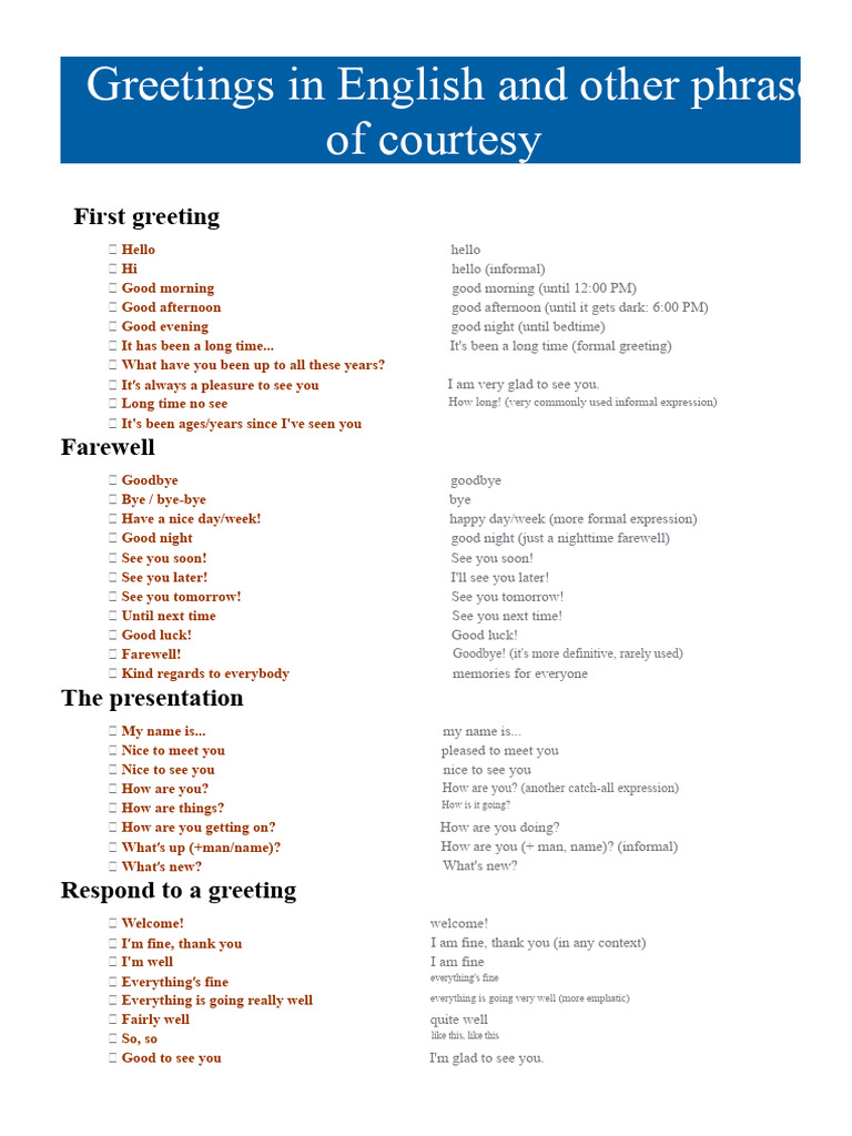 Greetings in English and Other Polite Phrases | PDF