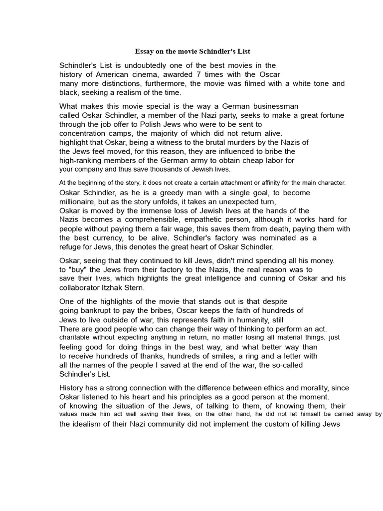 Schindler's List Essay | PDF | Nazi Germany | The Holocaust