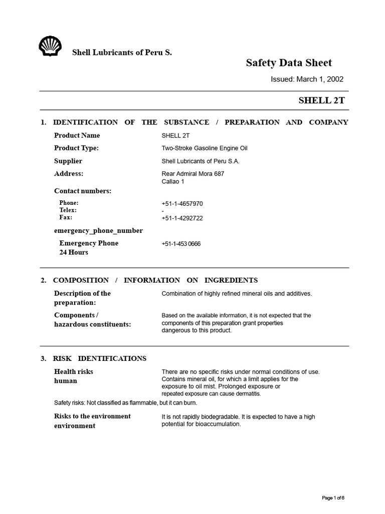 Shell 2T Safety Data Sheet Overview | PDF | Water | Toxicity
