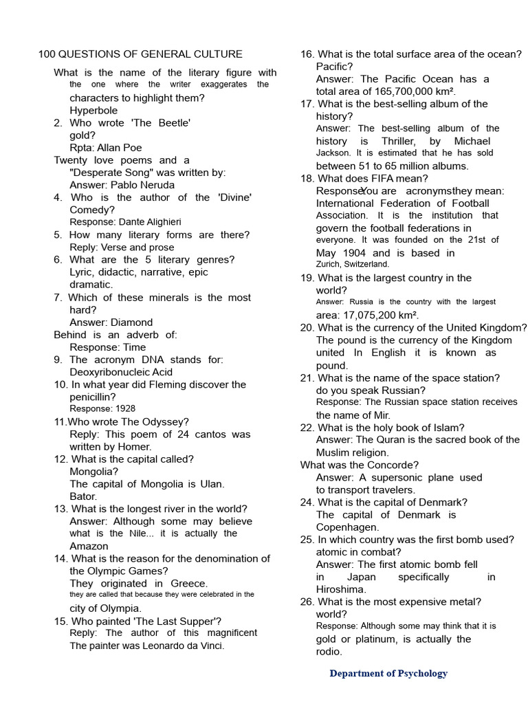 100 General Knowledge Questions | PDF | Peru