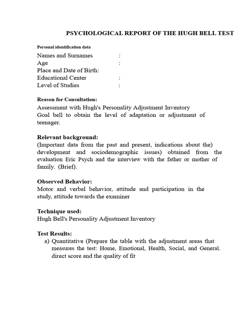 Schema Psychological Report. Hugh Bell Test | PDF