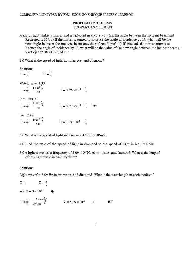 Proposed Problems Properties of Light | PDF | Refraction | Speed Of Light