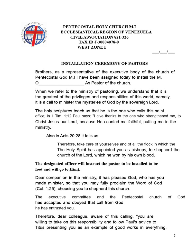 Installation Ceremony for Pentecostal Pastor | PDF | Pastor ...