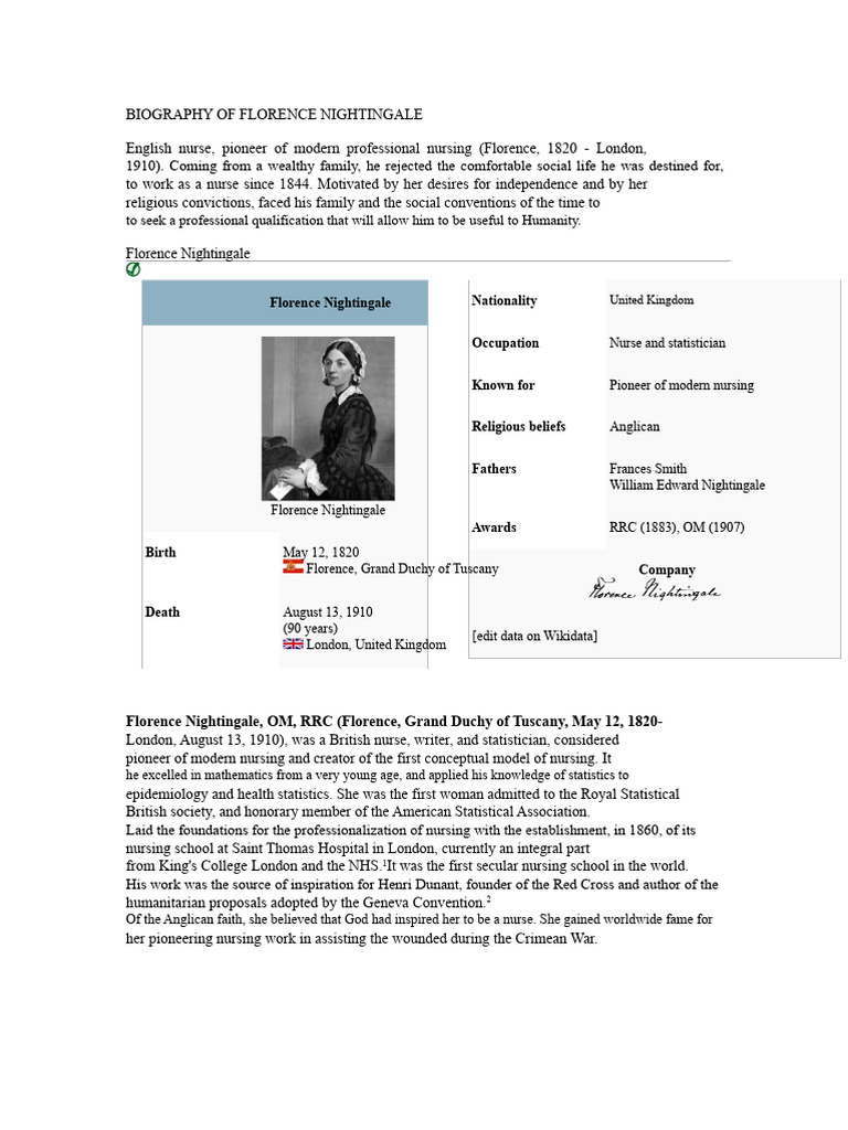 Biography of Florence Nightingale | PDF | Florence Nightingale | Nursing