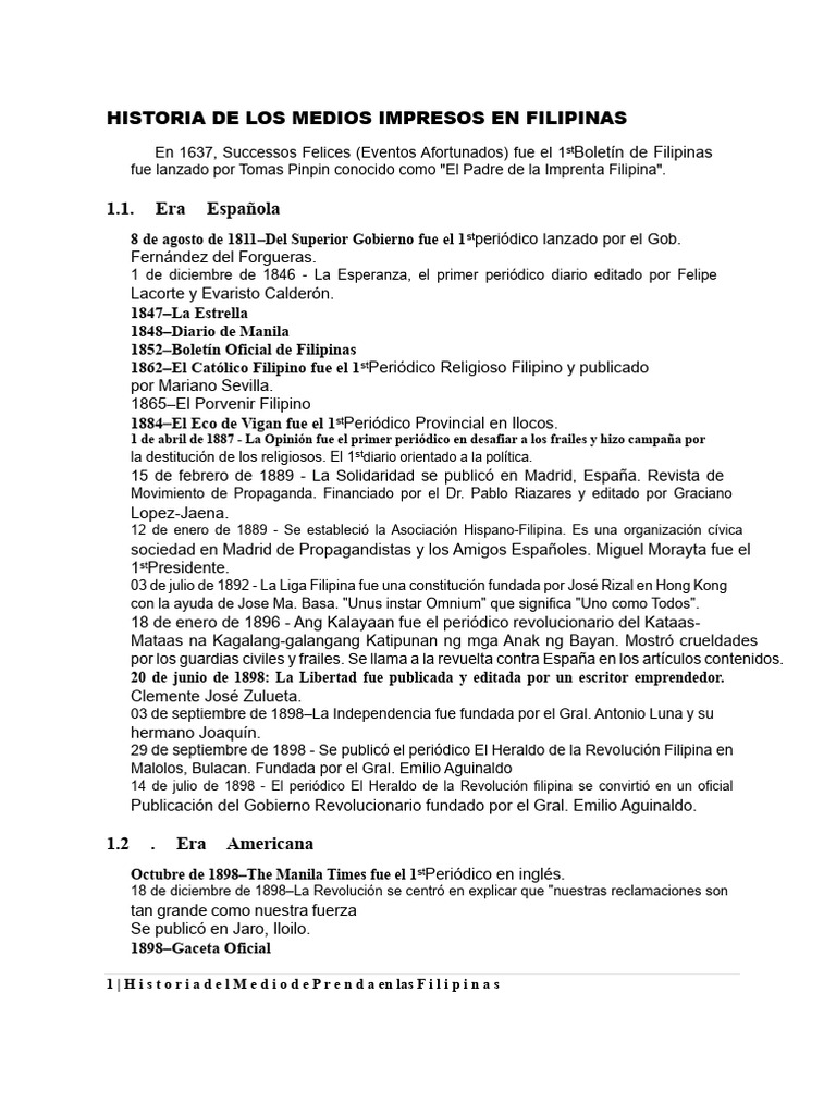 Historia de Los Medios Impresos en Filipinas | PDF | Filipinas ...