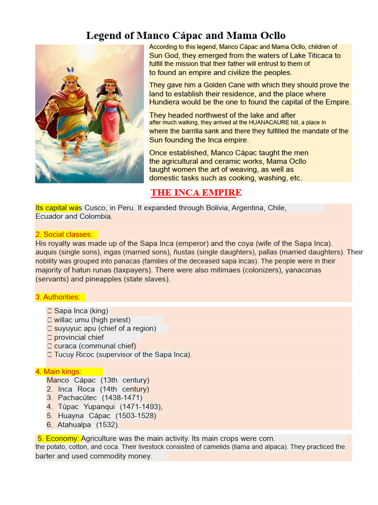 Legend of Manco Cápac and Mama | PDF | Inca Empire | Andes
