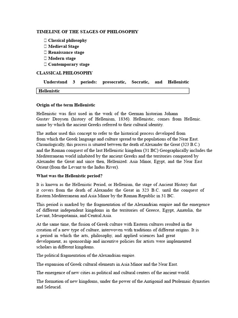 Stages of Philosophy Timeline Overview | PDF | Hellenistic Period ...