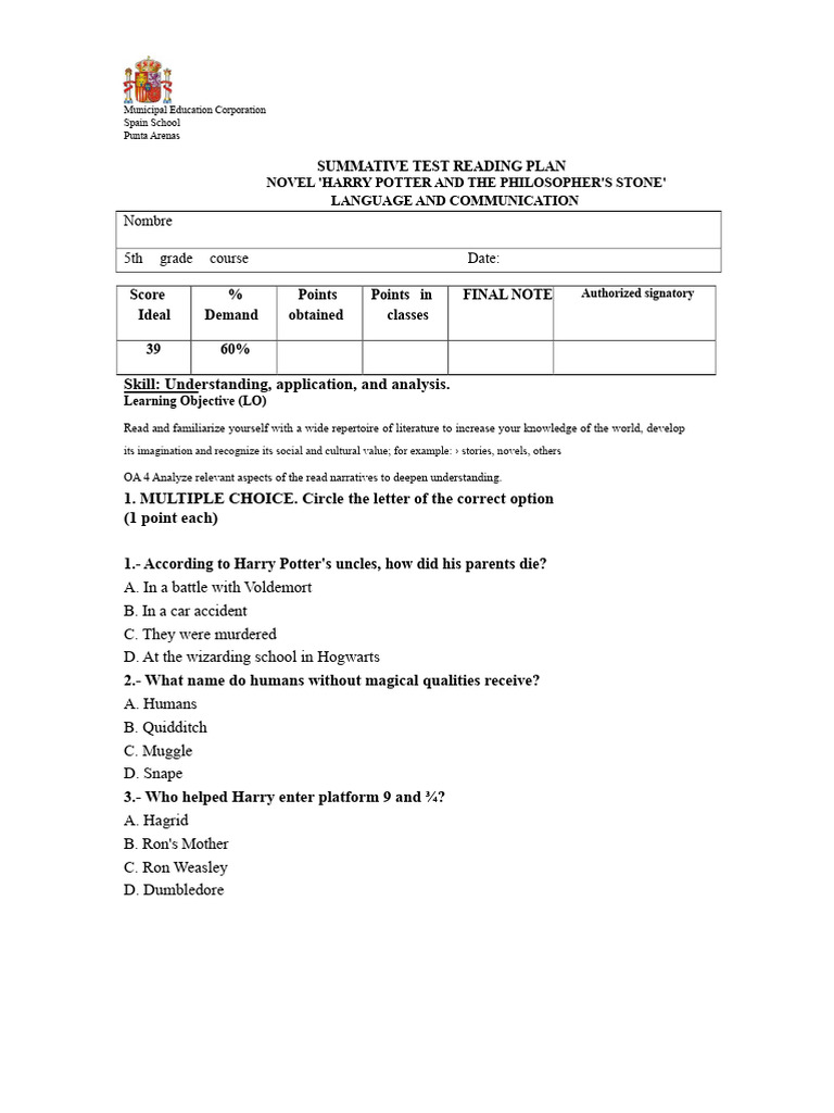 5th Grade Harry Potter Reading Test | PDF | J. K. Rowling | Harry Potter