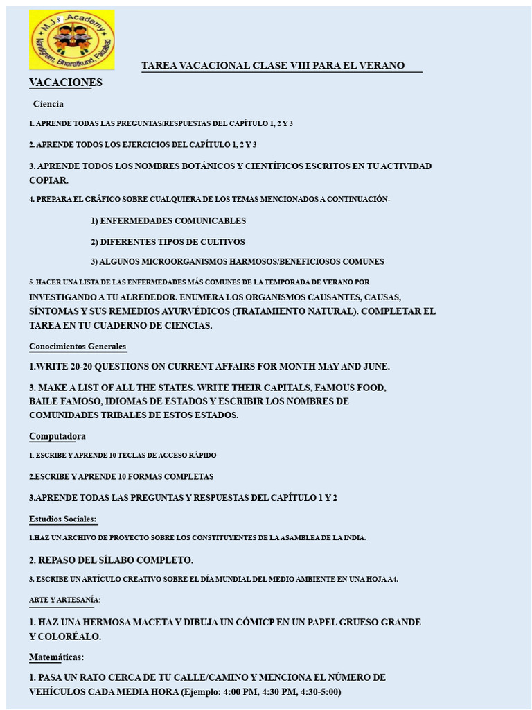 Tarea Vacacional de Verano para El Octavo Grado | PDF