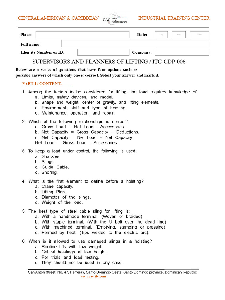Evaluation of Supervisors and Lifting Planners Itc-Cdp-006 | PDF ...