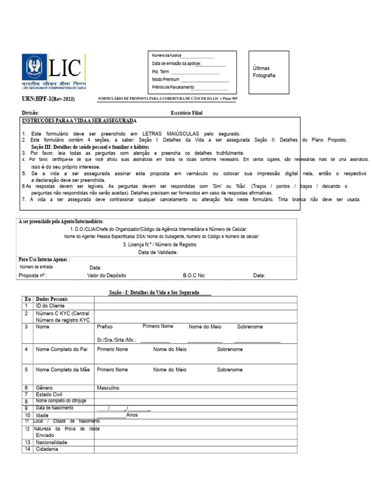 Formulário de Proposta de Cobertura de Câncer Revisado 2023 | PDF | Câncer | Seguro