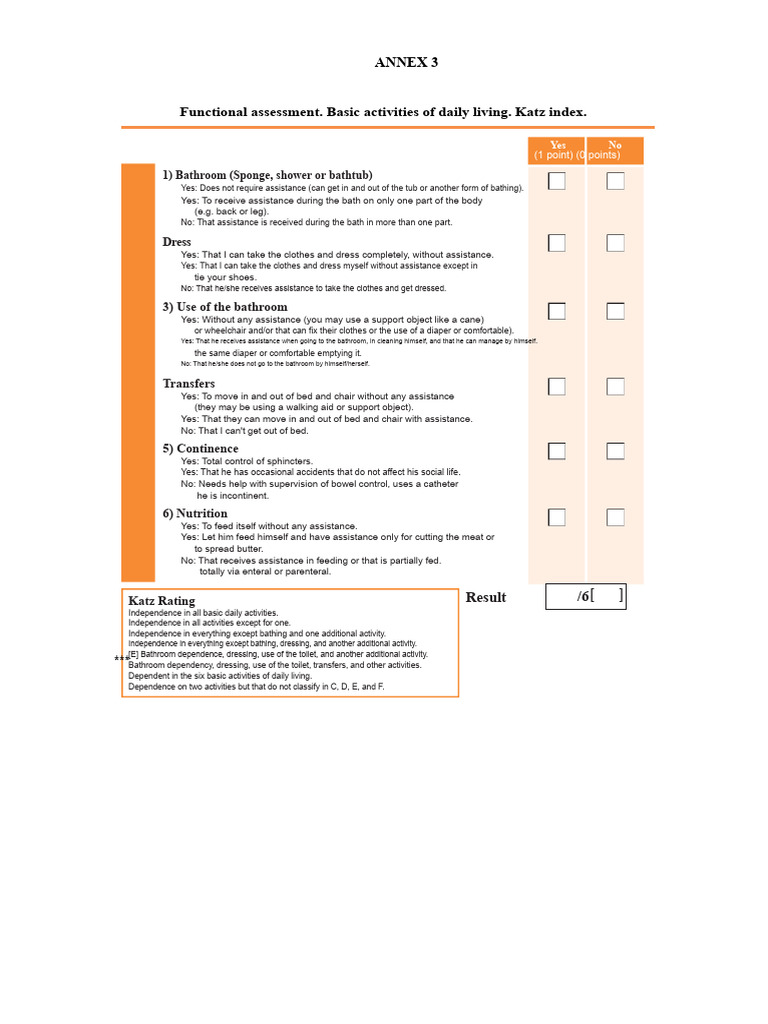 Annex 3 - Katz Scale | PDF | Medical Specialties | Bathing