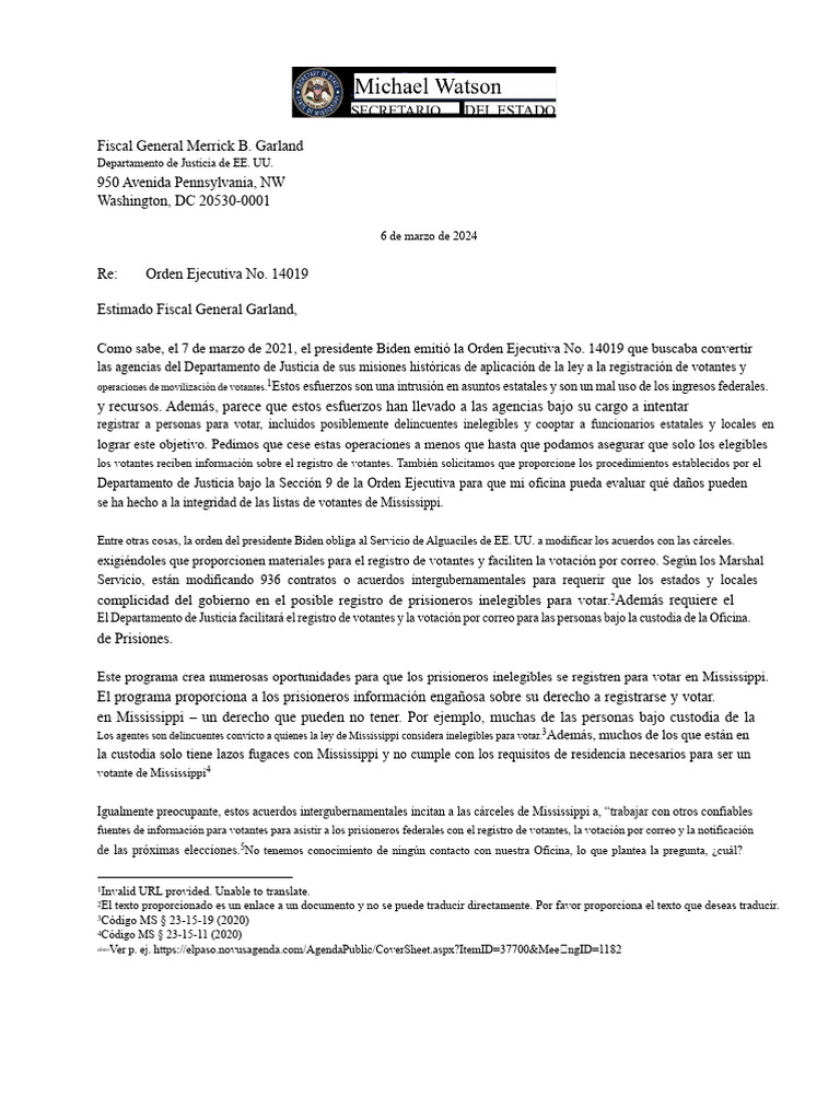 Carta SOS de MS Al Fiscal General Garland | PDF | Servicio de ...