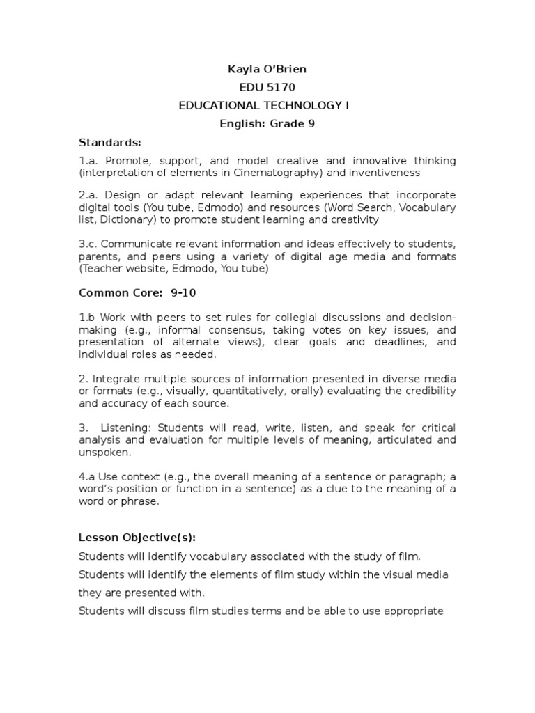 Film Studies Vocabulary Lesson Plan | PDF | Lesson Plan | Vocabulary