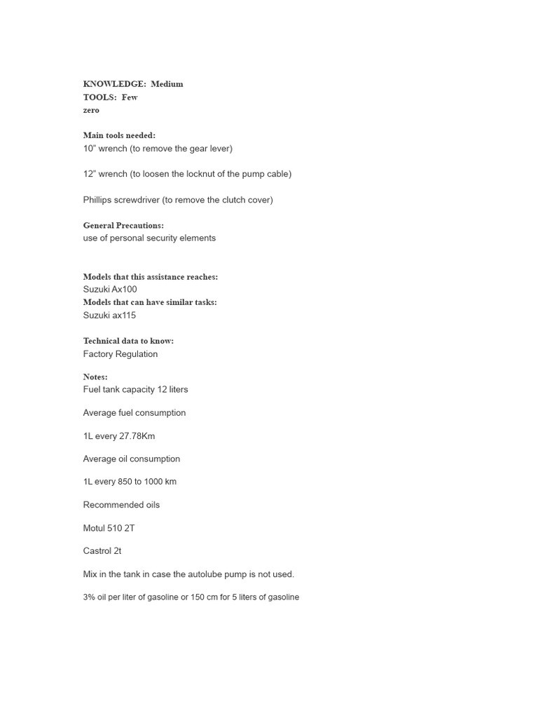Suzuki Ax100 Oil Pump Regulation - Tutorial | PDF