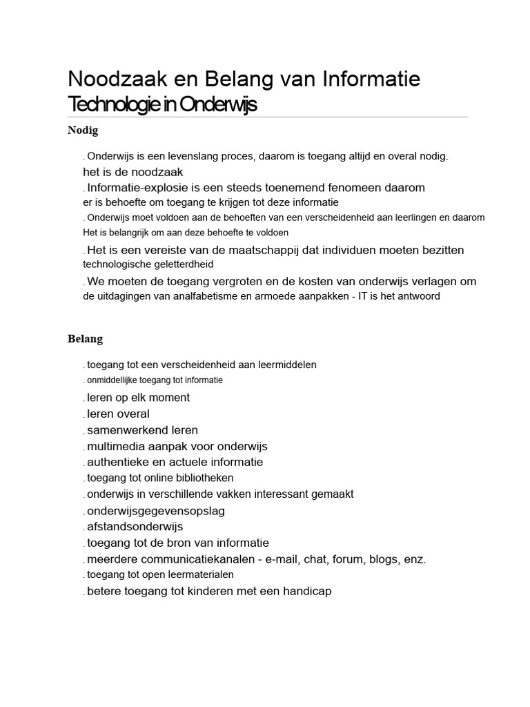 Noodzaak en Belang Van Informatie Technologie in Onderwijs | PDF
