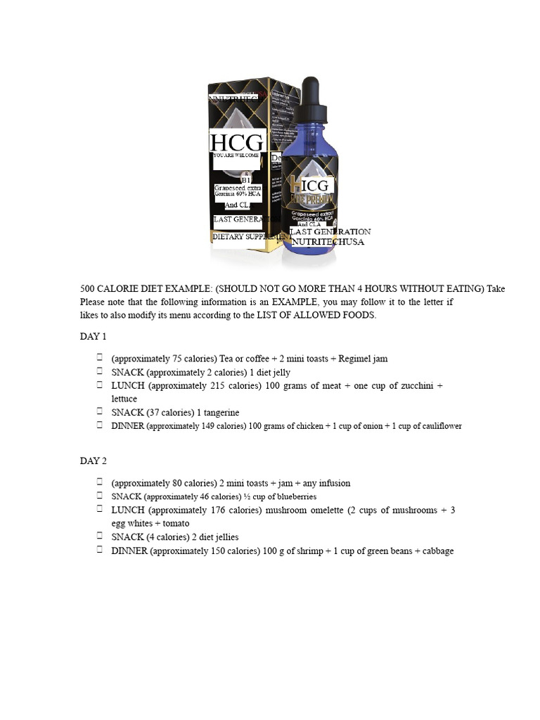 7-Day HCG 500 Calorie Diet Menu | PDF | Meal | Fruit Preserves