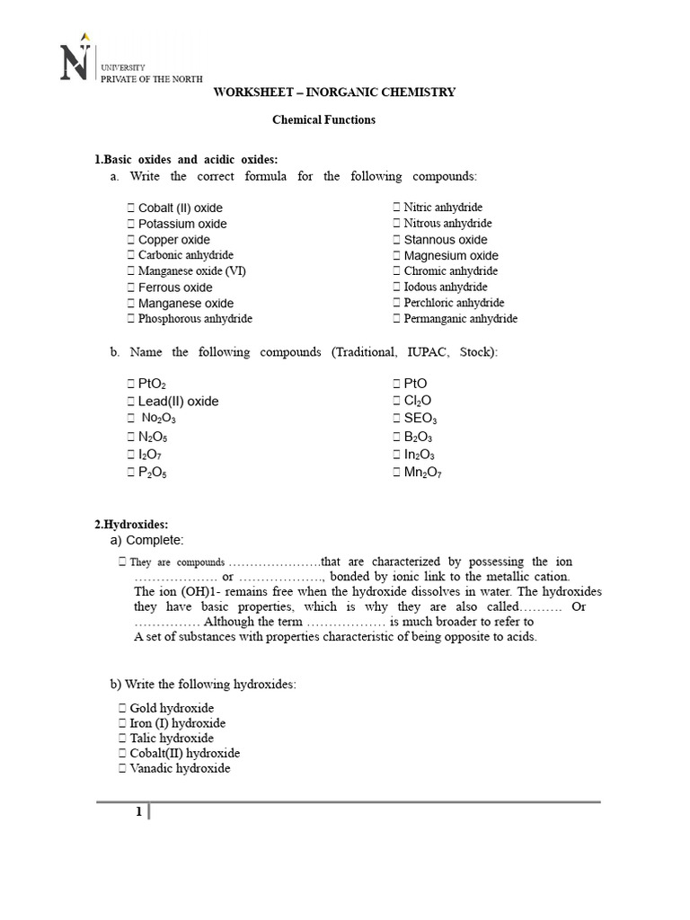 Worksheet - Oxides and Hydroxides | PDF | Hydroxide | Oxide