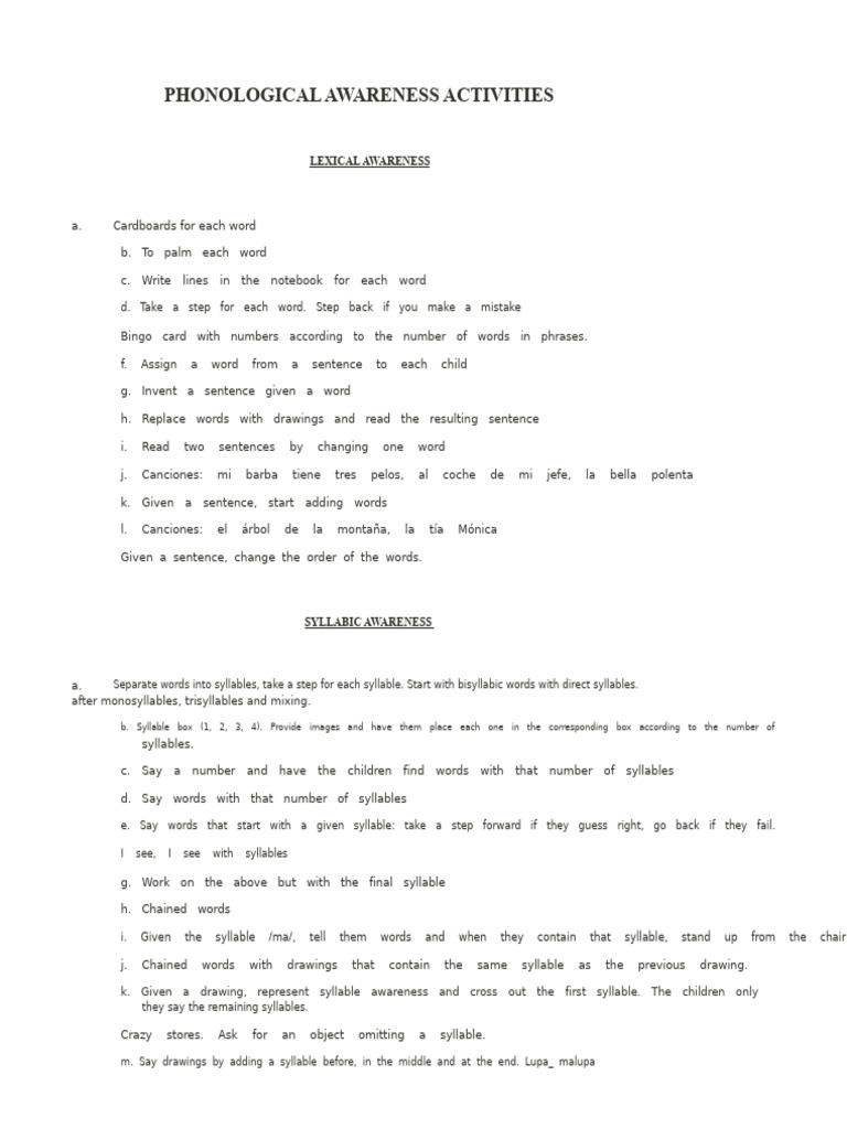 Phonological Awareness Activities | PDF | Syllable | Phoneme