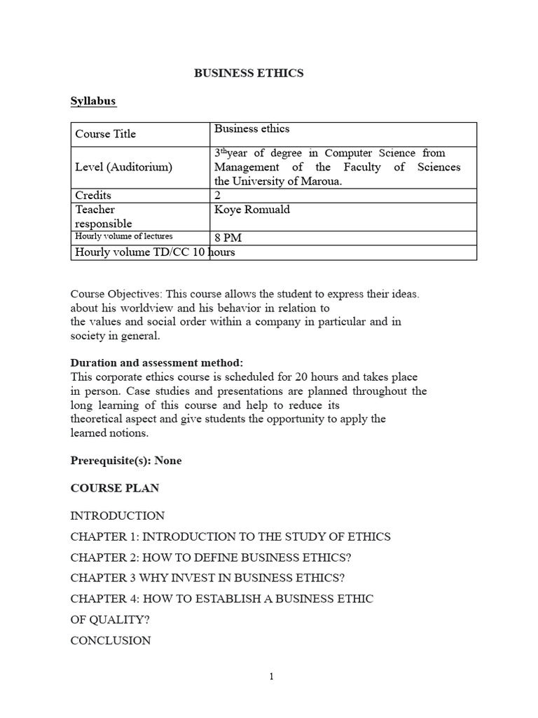 Business Ethics Course Syllabus | PDF | Corporate Social Responsibility ...