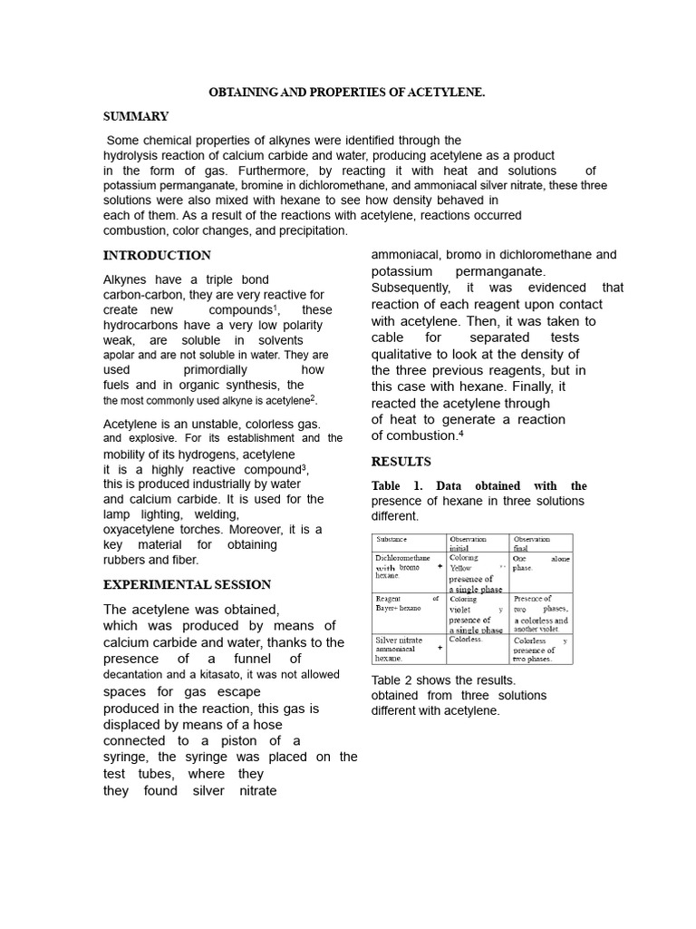 OBTAINING AND PROPERTIES of Acetylene, Report 3 | PDF | Chemical ...