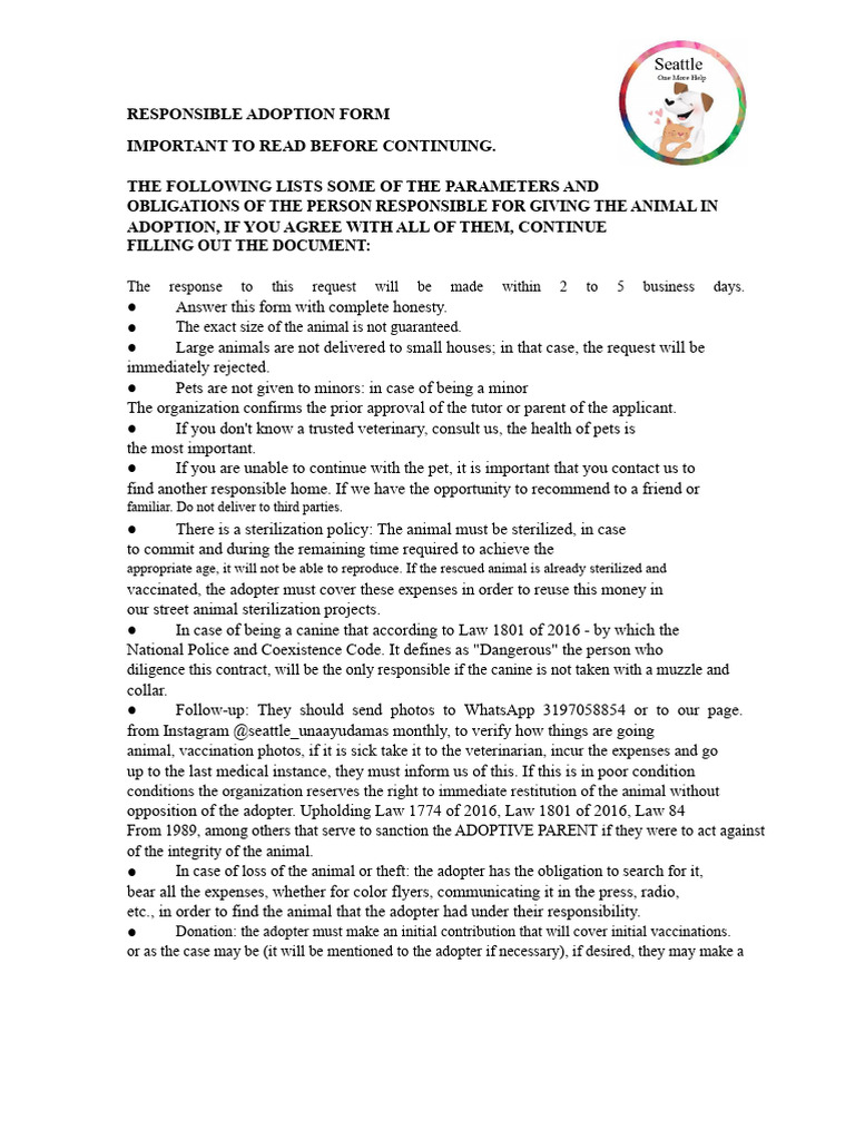 Responsible Adoption Form | PDF | Pet
